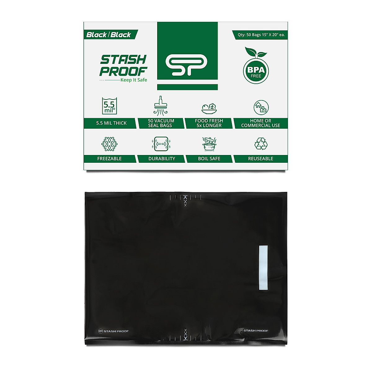 Stash Proof Vacuum Seal Bags 15" x 20" (50 Count) 5.5 Mil (Black and Black) - BPA Free Commerical Grade Food Saver for Storage, Sous Vide, and Meal Prep Sealer Bag