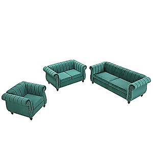 3-Piece Sofa Sets Living Room Sets with Solid Wood legs, Buttoned Tufted Backrest, Frosted Velvet Upholstered Couches Sets Including 3-Seat Sofa, Loveseat and Chair for Living Room (Green)