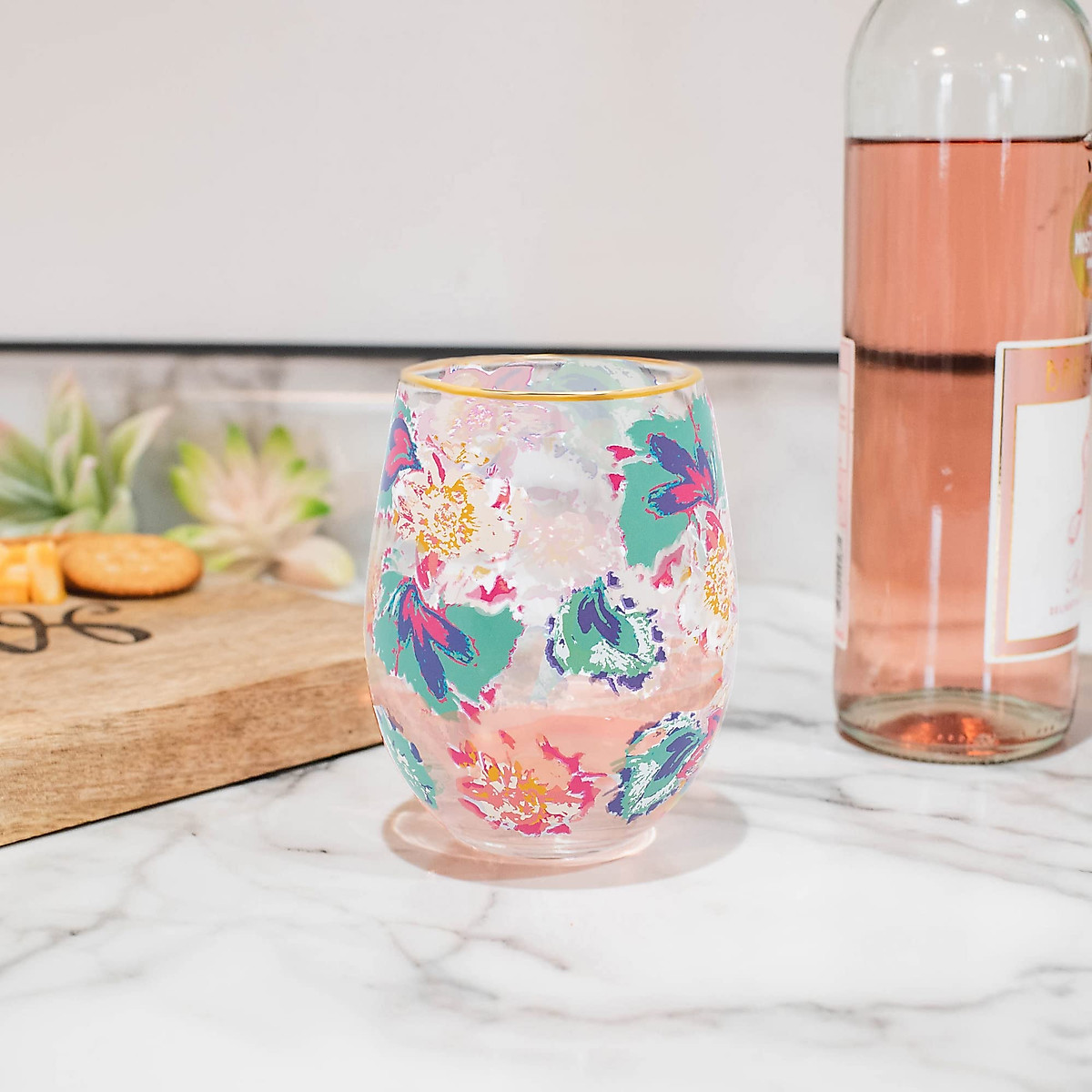 Mary Square 29284 Pink Peony Sorbet 8 ounce Glass Stemless Wine Tumbler Drinking Glass for Wine and Spirits