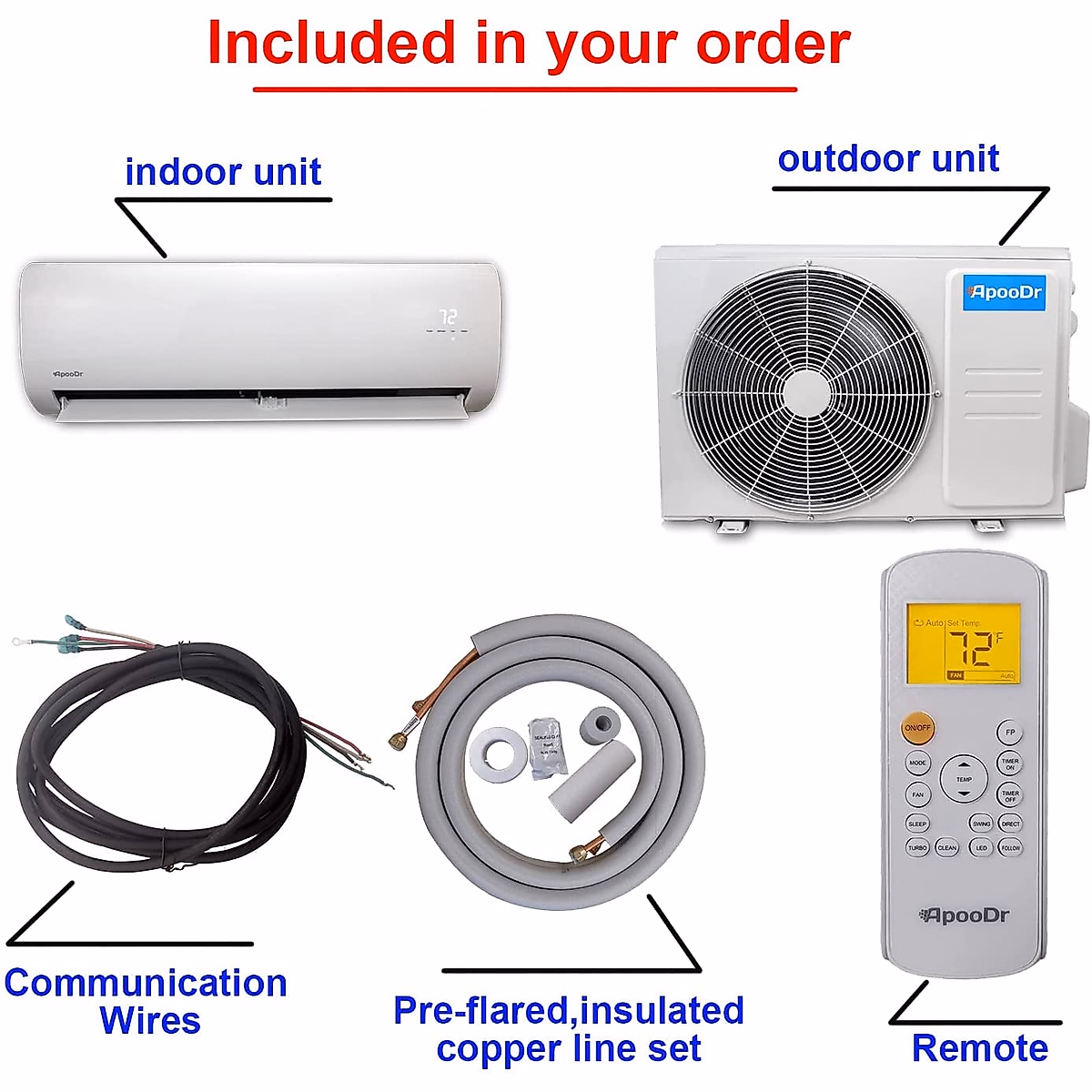 ApooDr 18000 BTU Mini Split Air Conditioner Ductless Inverter System 18.3 SEER2 with Heat Pump 220V 1.5 Ton,with Installation Kit