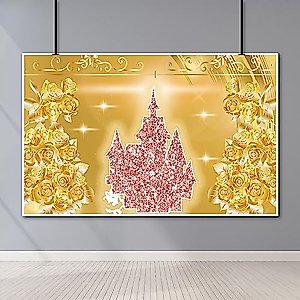 5x4Ft Cartoon Princess Castle Backdrops Rose Gold Pink Glitter Royal Castle Birthday Party Backdrop Decoration Cake Table Banner Photo Booth Props Girls Princess Party Decor Supplies