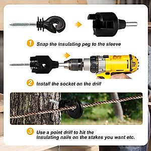 20pcs Electric Fence Insulator, Screw-in Insulator Fence Ring Post with a Insulator Socket Tool Self Tapping Wood Post Ring Insulators for Farm Animal (Black)