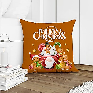 Christmas Gingerbread Man Throw Pillow Cover Candy Cane Santa Christmas Balls Holiday Brown Linen Decorations Pack of 2 Euro Patterned Bed Outdoor Patio Office Porch Cozy Pillow Covers 16x16inch