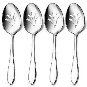 Stainless Steel Slotted Serving Spoons, E-far 4-Piece Metal Tablespoons Hostess Serving Utensils Set for Catering Buffet Party Kitchen Restaurant, Dishwasher Safe