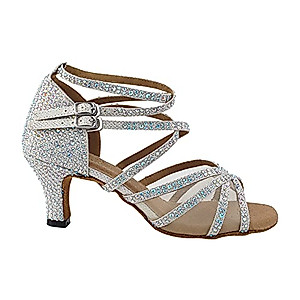 Very Fine Dance Shoes Ladies Latin, Salsa, Rhythm Ballroom Dance Shoes Crystal Collection 5008Bling 2.5 inch Low Heel & Shoe Bag (Random Color) (White Glitter Satin & Mesh, Size 6.5)