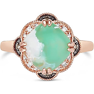 LE VIAN 3 1/4 Carat Cushion Shaped Green Aquaprase Cabochon White Topaz and Smoky Quartz Milgrain Flower Statement Ring for Women in 14k Rose Gold Plated 925 Sterling Silver Promise Ring Size 10