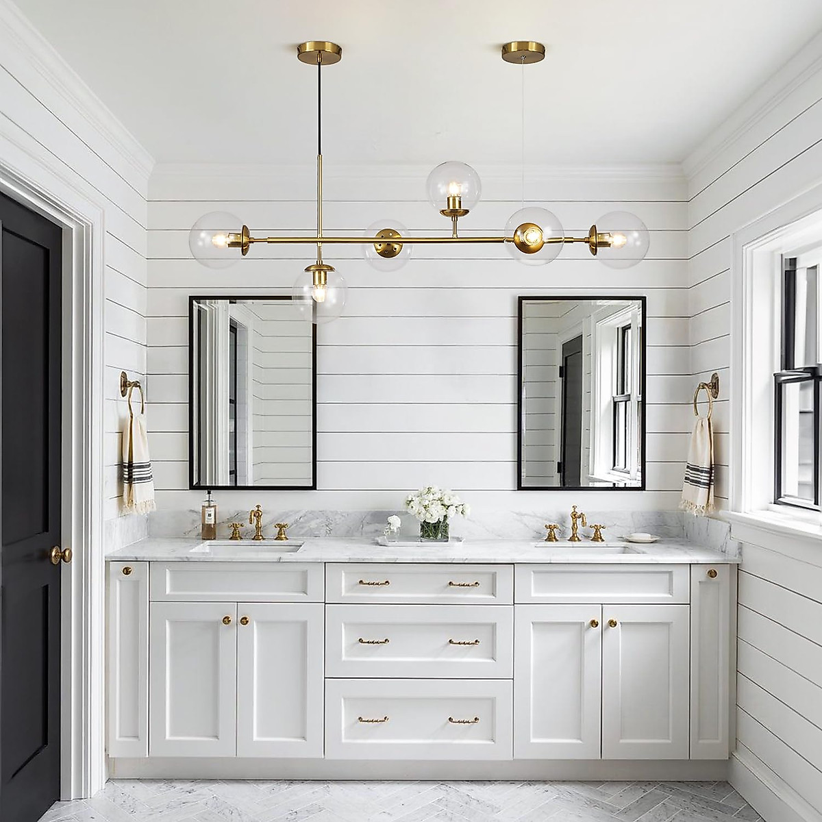 KCO Lighting 6 Light Bubble Chandelier Lighting Clear Glass Globe Chandelier Brass Gold Linear Chandelier Mid Century Modern Pendant Light for Living Room Kitchen Island Dining Room