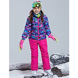 WOWULOVELY Girls Thicken Warm Snowsuit Hooded Ski Jacket Pants 2 Pcs Set Skiing Jacket with Pants(23 Rose1,Size 8)