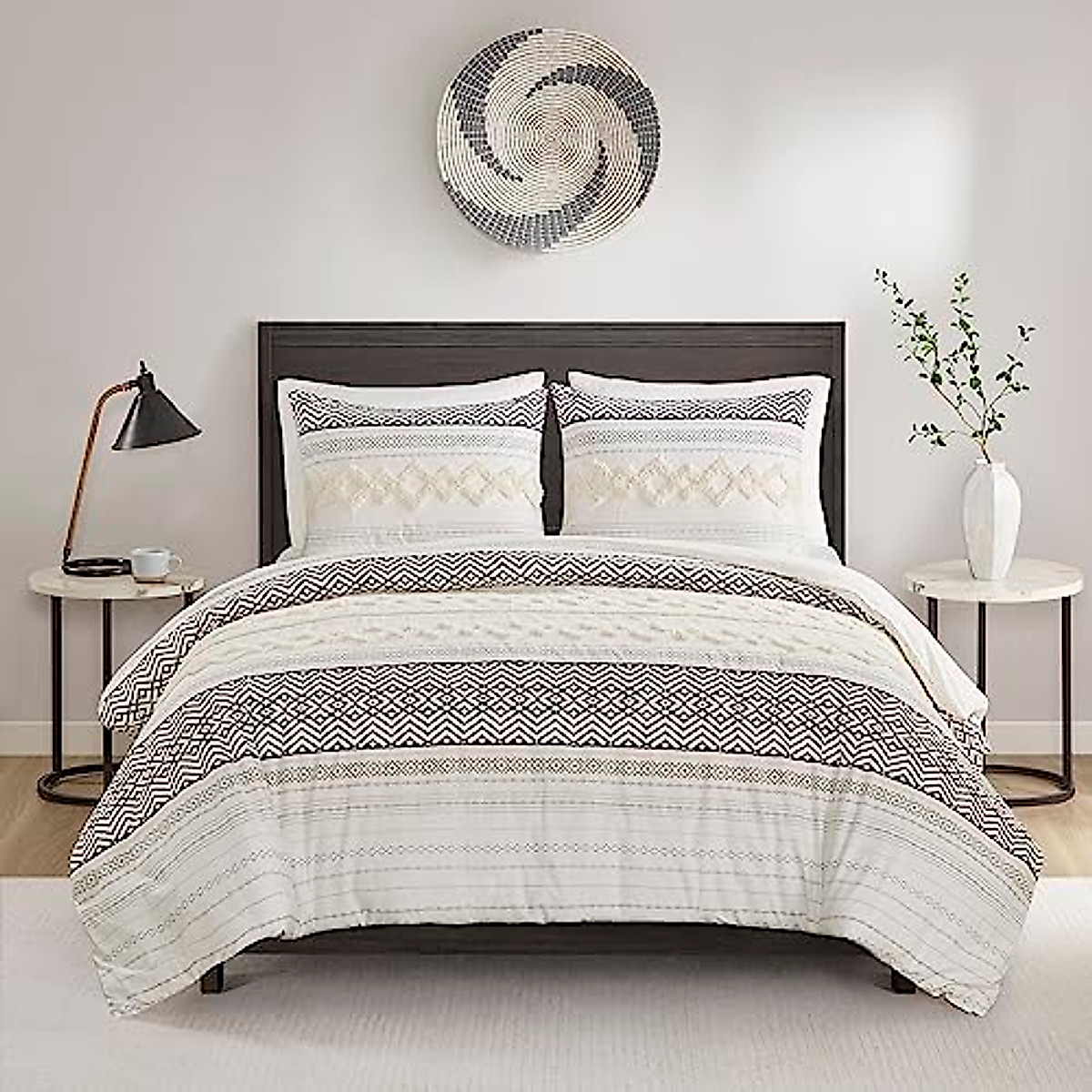 Hyde Lane Asha Boho Duvet Cover King, Farmhouse Ivory 100% Cotton Tufted Bedding Set with Zipper, Mid Century Modern Comforter Covers, 3 Pieces Including Matching Pillow Shams (104x90 Inches)