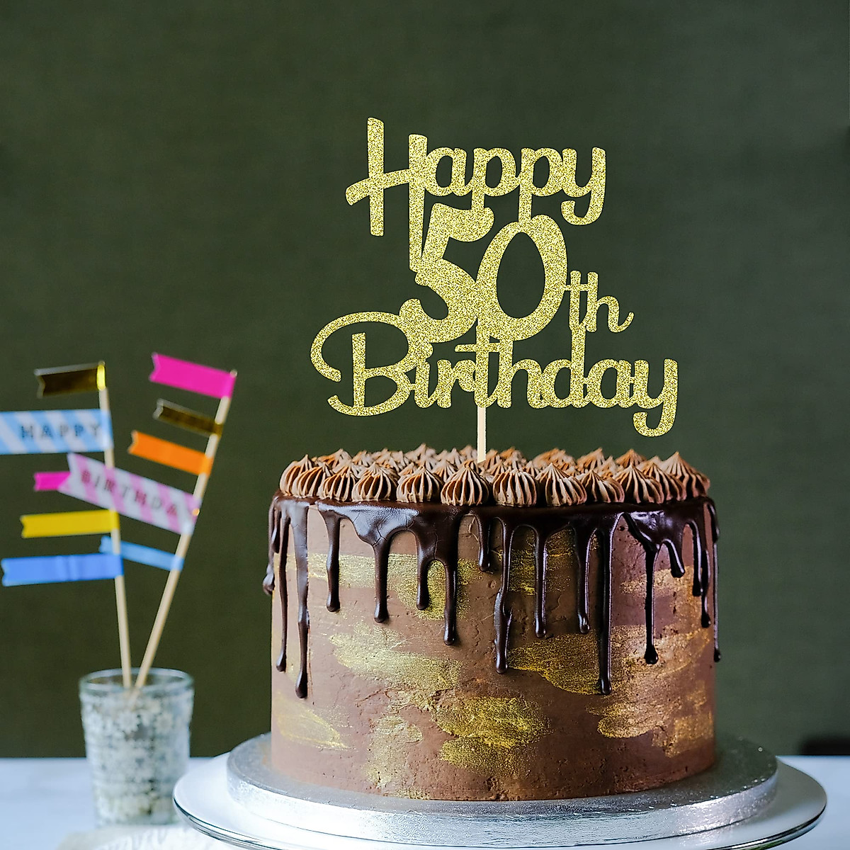 Sotpot Happy 50th Birthday Cake Topper Gold Glitter 50th Cake Toppers 50 Birthday Cake Decorations Cheers to 50 Fabulous Party Cake Picks - 1 Pack