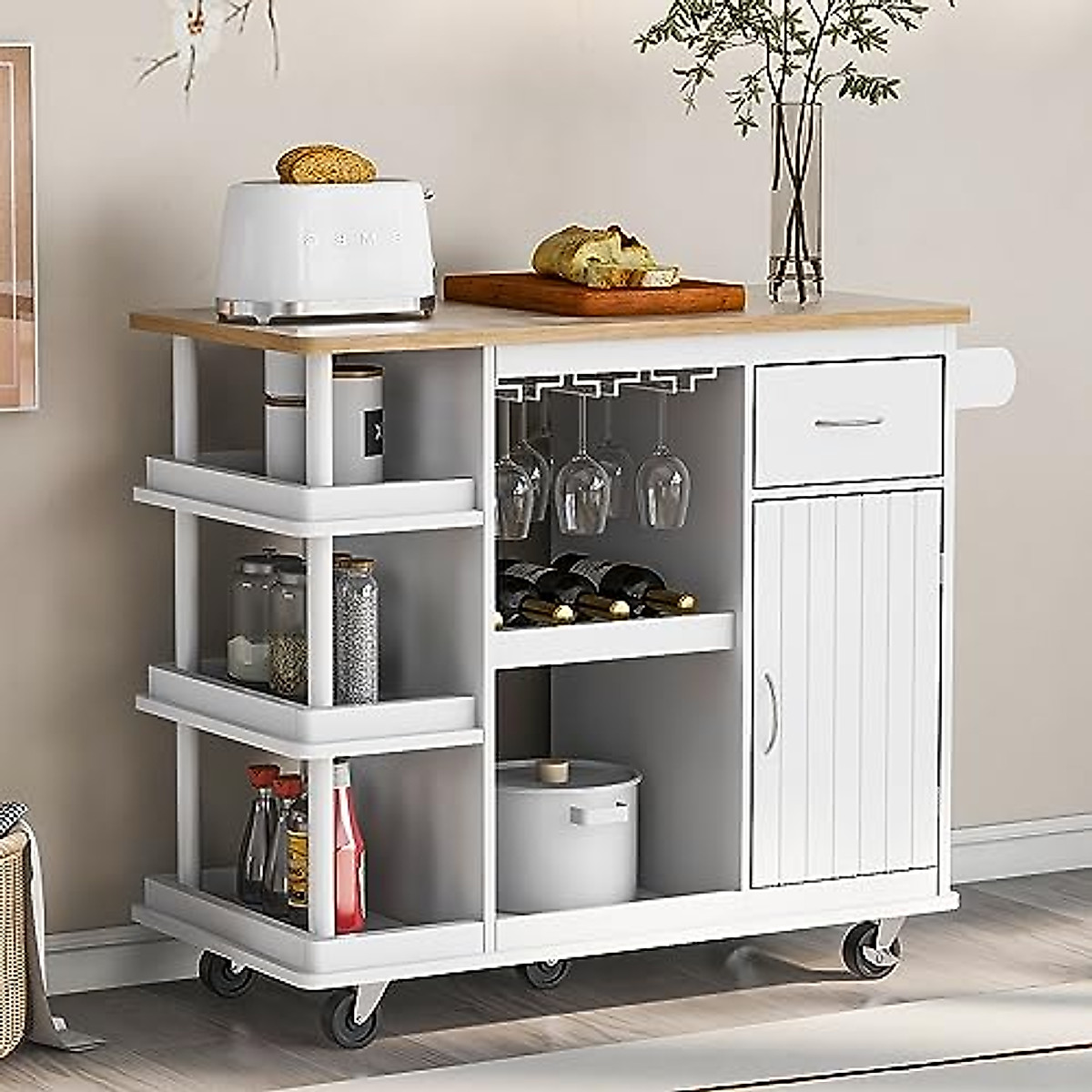 Kitchen Island Cart on Wheels with Storage Drawers, Multipurpose Kitchen Cart Cabinet with Side Storage Shelves and Wine Rack Kitchen Island with Rubber Wood Top for Dining Room, Home, Bar, White