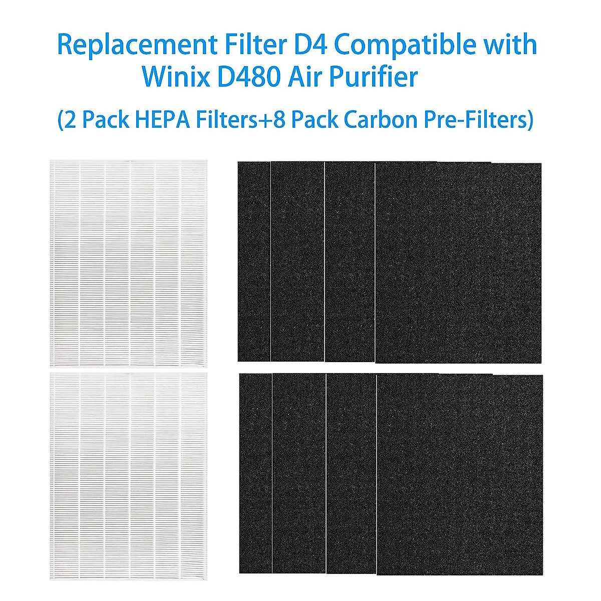 D480 Replacement Filter D4 Compatible with Winix D480 Air Purifier, Item Number 1712-0100-00, 2 True HEPA D4 Filters and 8 Activated Carbon Pre-Filters