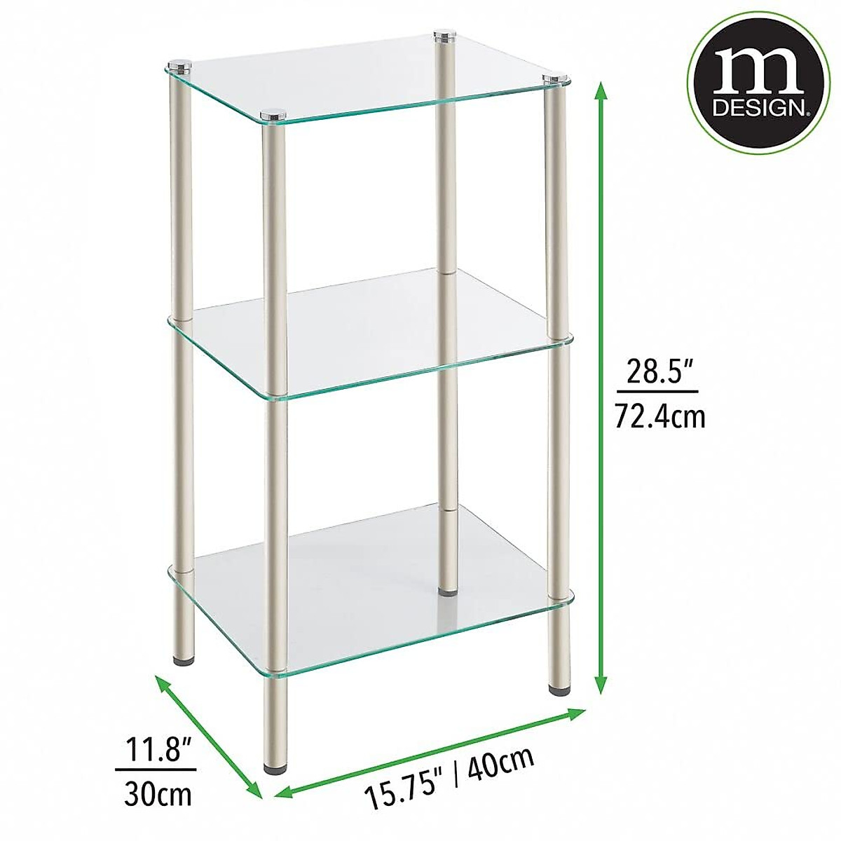 mDesign Metal/Glass 3-Tier Storage Tower, Narrow Shelving Display Unit, Open Glass Shelves; Multi-Use Stand for Living Room, Bathroom, Home Office, Hallway, Bedroom Organization - Satin/Clear