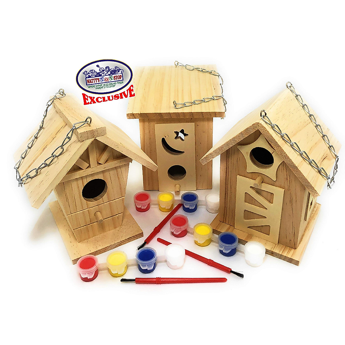 Matty's Toy Stop Paint Your Own Small Wooden Birdhouses (Includes Paints & Brushes) Gift Set Bundle - 3 Pack
