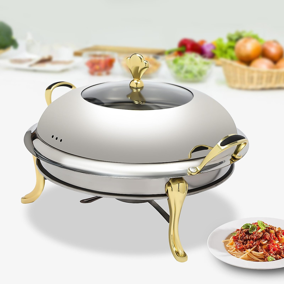 Round Chafing Dish,Stainless Steel Chafing Dish Buffet Chafer,2.5L Catering Chafers and Buffet Warmers with Fuel Holder,for Hotels,Buffets,Restaurants,Family Gatherings (Gold)