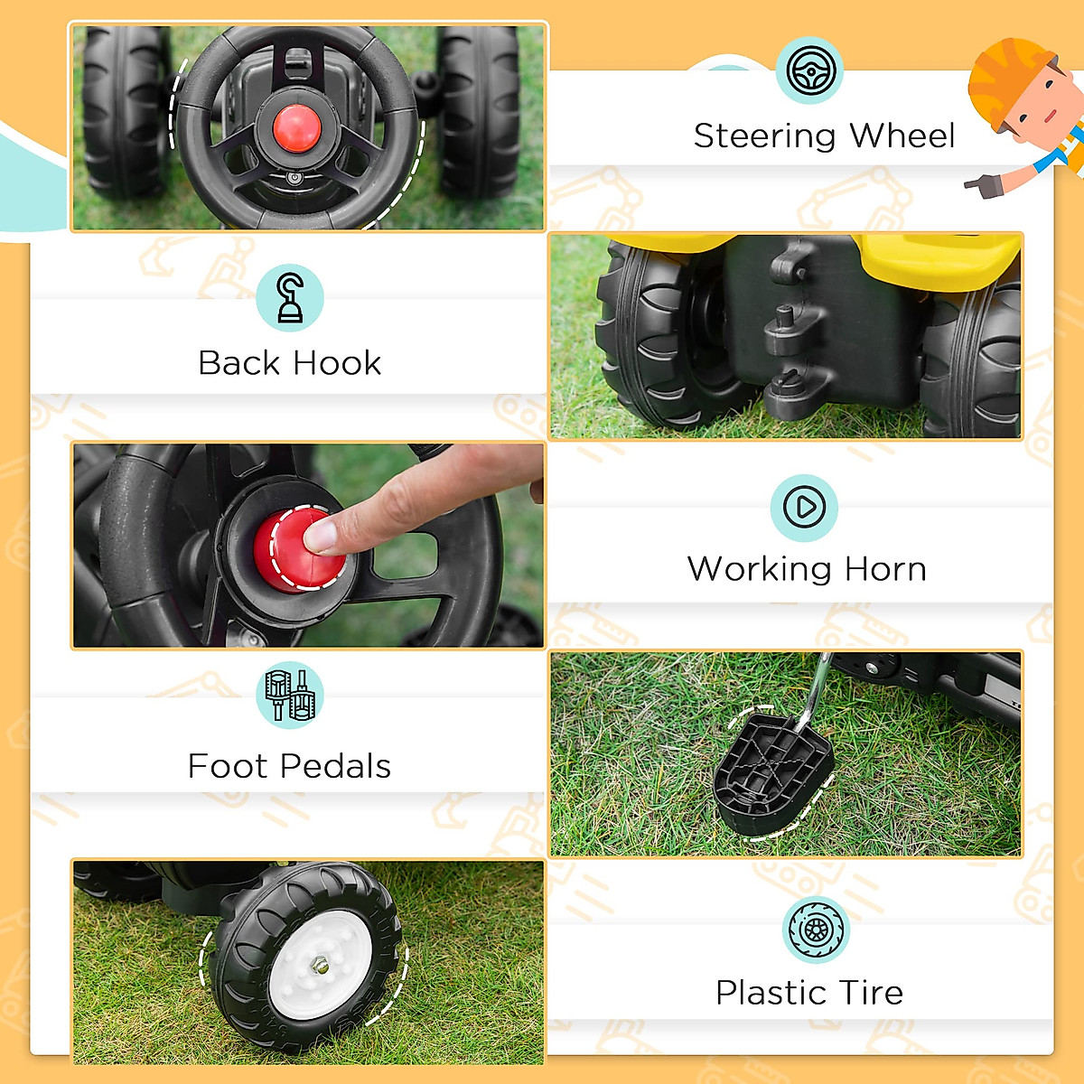 Aosom Kids Ride On Excavator, Pedal Digger, Construction Truck with Horn for Kids and Toddlers 3+, Yellow