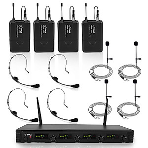 Pyle 4 Channel UHF Wireless Microphone System & Rack Mountable Base 4 Headsets, 4 Belt Packs, 4 Lavelier/Lapel MIC With Independent Volume Controls AF & RF Signal Indicators (PDWM4560),Black