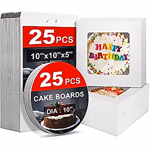 ZENOWICK Cake Boxes Set (50 Pcs, 25 Boxes & 25 Boards) White 10x10x5 Inches Tall Cake Boxes with Window,Boxes with Round Cake Boards for Christmas, Birthday Party, Valentine's Day,Pastries, Cookies