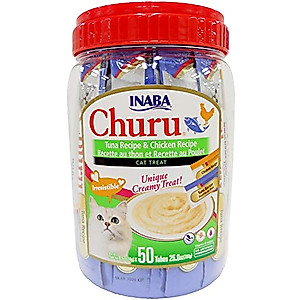 INABA Churu Lickable Creamy Purée Cat Treats Tuna Recipe and Chicken Recipe Canister of 50 Tubes