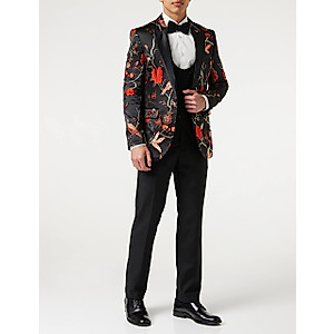 Mens Floral Bird Embroidery Black Gold Tux Jacket Stunning Party Wedding Blazer Waistcoat[TUX-8600-1,46,Black-Red]