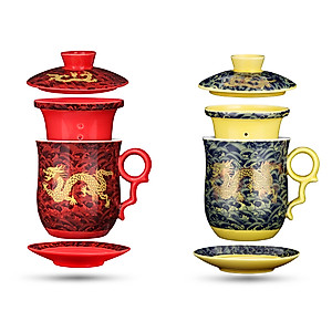 YURROAD 2 Pack - Ceramic Tea Cup with Infuser and Lid Tea Mugs Teaware with Filter and Coaster Porcelain Tea Steeping Mug - 13.5 oz / 400ml