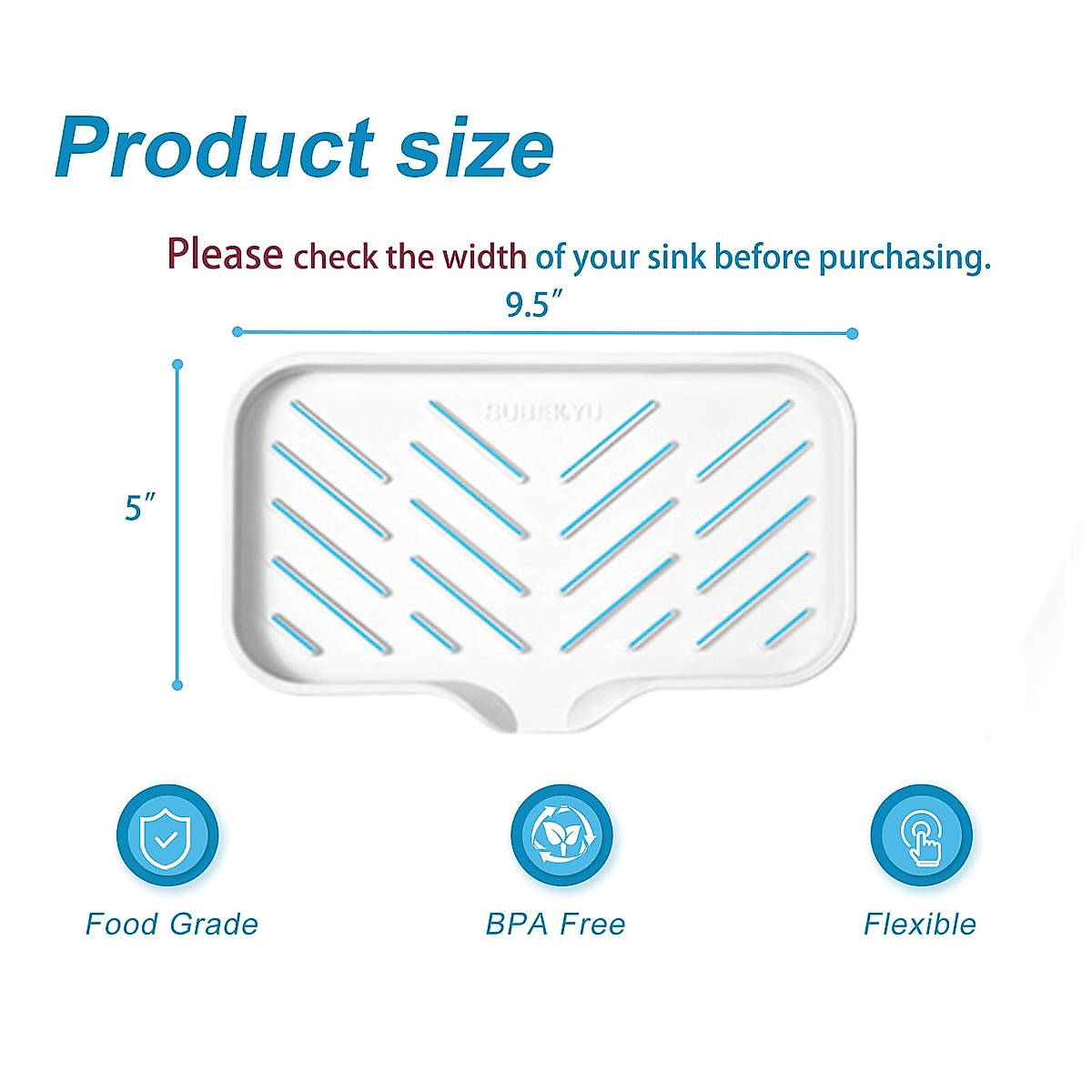 SUBEKYU Silicone Kitchen Soap Tray, Sink Tray for Kitchen Counter/Soap Bottles, Sponge Holder and Organizer with Drain Spout, White, [Size: 9.5 x 5 inch]