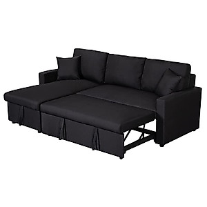 Pemberly Row Black Fabric Reversible Sleeper Sectional Sofa w/Storage Chaise