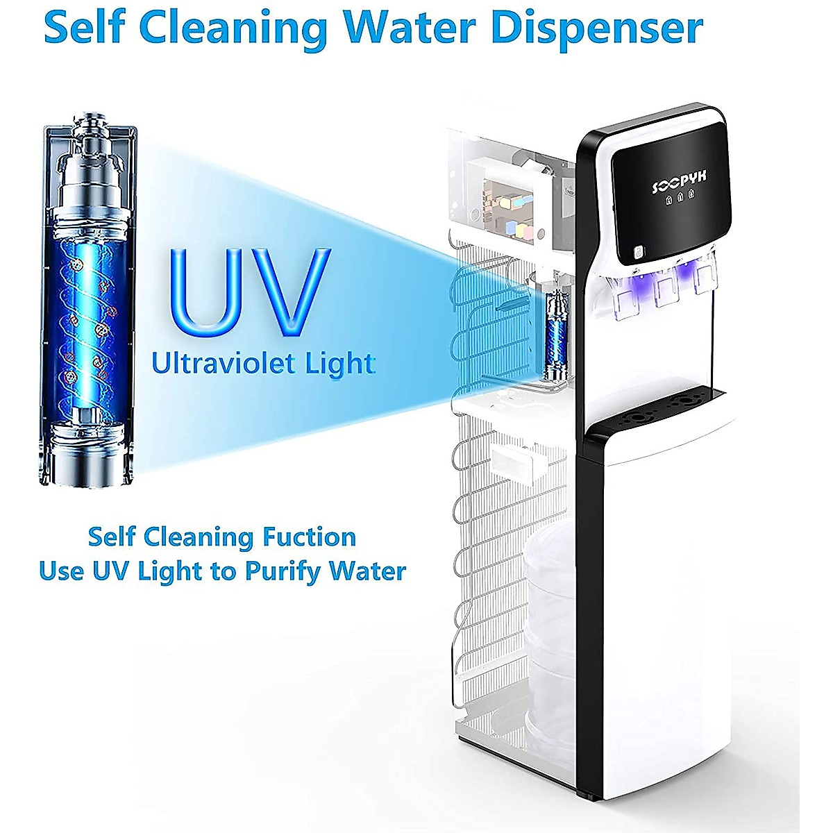 SOOPYK Hot and Cold Bottom Loading Water Dispenser Cooler with Self Cleaning for 3-5 Gallon Bottle Durable Steel Frame Child Safety Lock for Home Office