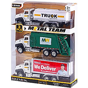 3 Pack City Diecast Semi Trucks Transport Set - Big Toy Garbage Truck, Oil Tanker, & Transport Vehicle Toy with Pull Back Action - 1/50 Scale Metal Collectible Model Alloy Car Vehicles