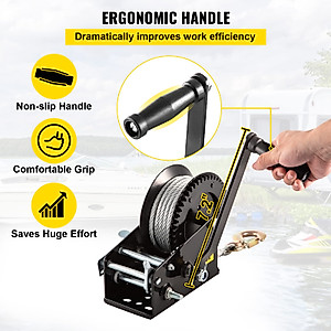 VEVOR Rope Crank, 3500 LBS Capacity Heavy Duty Hand Winch with 10 m(32.8 ft) Wire Cable and Alloy Hook, w/ 2-Gear Two-Way Manual Operated Ratchet, for ATVs Boats Trailers Trucks Auto Marine, Black