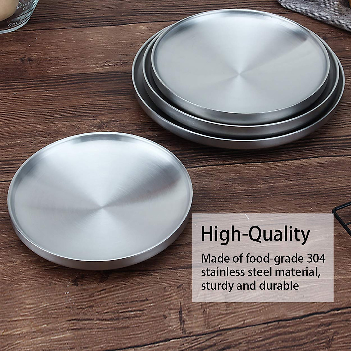 Sumerflos 304 Stainless Steel Dinner Plate, 9" Double-layer Round Dessert Plate, Serving Camping Salad Plate for Homr Kichten, Outdoor Camping, Snack and BBQ - Set of 4