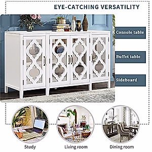60'' Retro Mirrored Console Table Sideboard with 4 Cabinets and 3 Adjustable Shelves, Large Storage Cabinet Free Stand Kitchen Buffet Server Cabinet for Entryway/Living Room/Dining Room (White-59.8'')