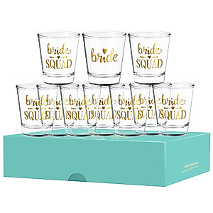 LADY & HOME Bride and Bride Squad Bachelorette Party Shot Glasses-2.5oz,Set of 10,1 Bride and 9 Bride Squad Shot Glasses,Perfect Bridesmaid Gifts for Women and Bachelorette Party Favors (Squad)