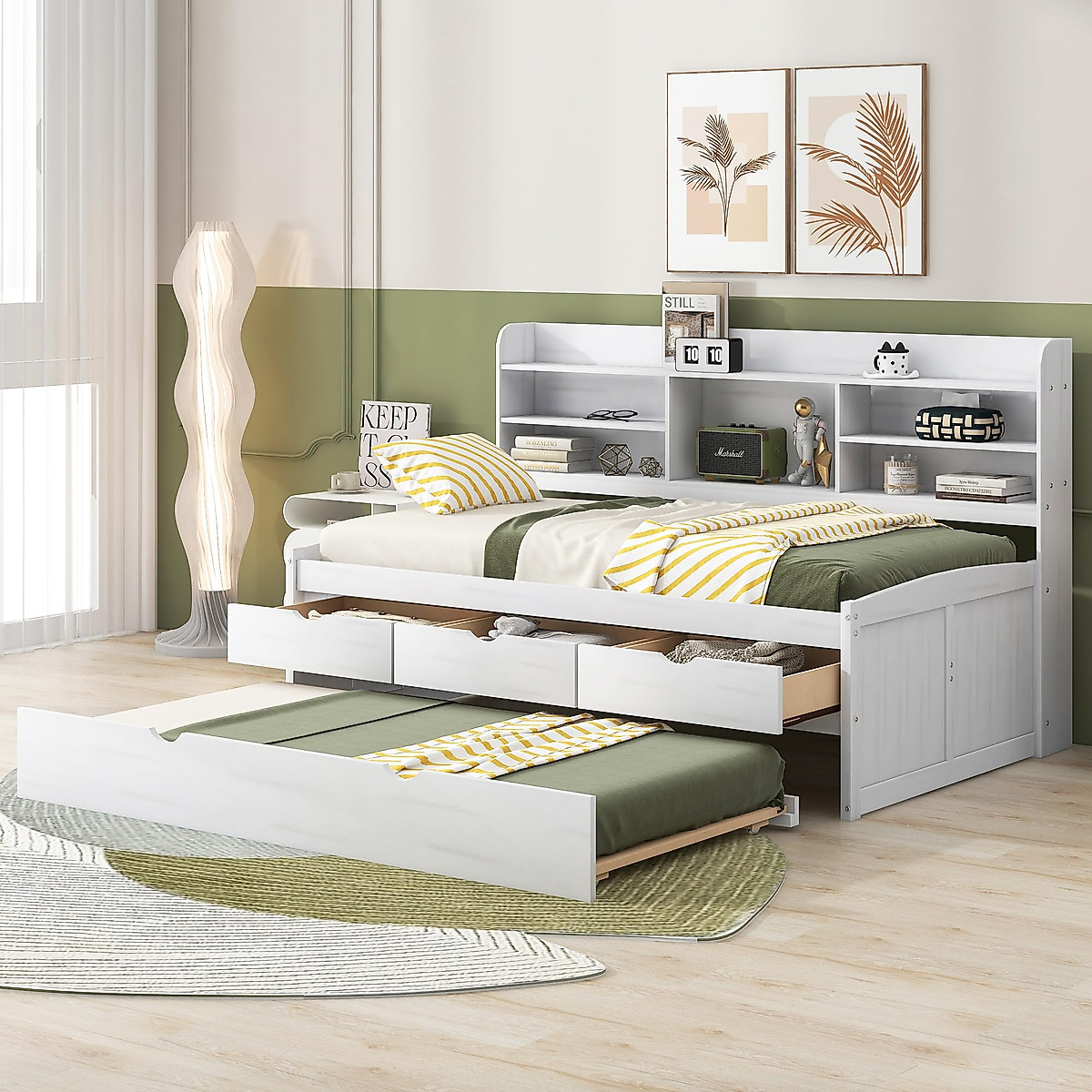 XD Designs Versatility Daybed Sofa Bed with 3 Storage Drawers and Trundle, Twin Size Wooden Captain Bed with Built-in Bookshelves for Living Room Bedroom Office Guest Room, Sturdy Slats Support