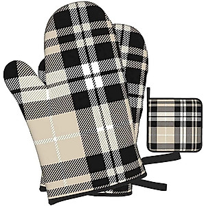 JKKL Fall Plaid Tan Black White Pattern，3pcs Oven Mitts and Pot Holders for Kitchen,Cooking,Baking,Grilling,BBQ