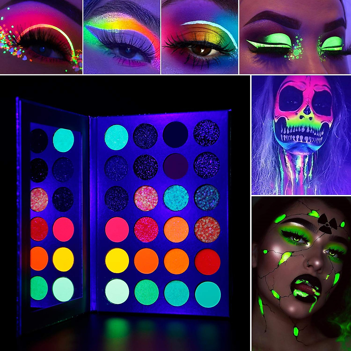 BEUSELF Neon Eyeshadow Palette, 24 Colors Highly Pigmented Fluorescent Makeup Pallet Glow in the Dark, UV Glow Blacklight Matte Glitter Rainbow Eye Shadows for Luminous Carnival Party Halloween Makeup