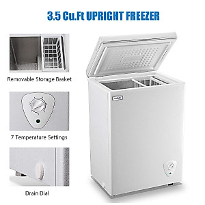Chest Freezer Small Deep Freezer 3.5 Cu.Ft Mini Freezer White Free-Standing Top Door Freezer Adjustable 7 Thermostat and Removable Basket Open Deep Freezer Energy Saving Apartment Kitchen Business