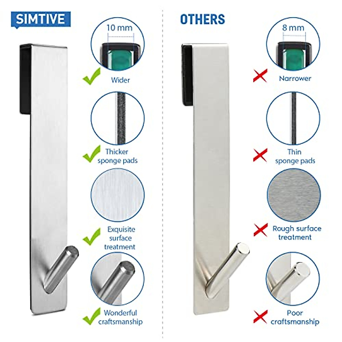 Simtive Extended Shower Door Hooks (7-Inch), Over Door Hooks for Bathroom Frameless Glass Shower Door, Towel Hooks, 2-Pack, Silver