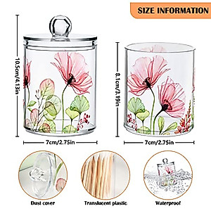 BOENLE 2 Pack Qtip Holder Dispenser Pink Rose Flwer Glass Floral Storage Canister Bathroom Acrylic Plastic Apothecary Jars Vanity Organizer Lid for Cotton Swab/Ball/Pad