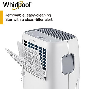 Whirlpool 40 Pint Portable Dehumidifier with 24-Hour Timer, Auto Shut-Off, Easy-Clean Filter, Auto-Restart, and Wheels, For Bathrooms, Basements, and Bedrooms