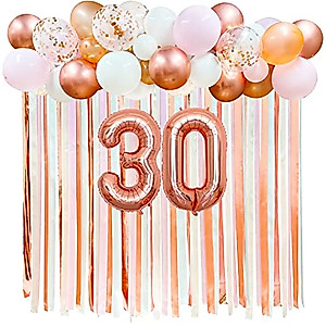 Rose Gold 30th Birthday Backdrop Pink Balloon Arch Garland Fabric Ribbon Photo Backdrop for Womens 30th Birthday Decorations 30 and Fabulous Cheers to 30 Years Anniversary Dirty Thirty Party Decor
