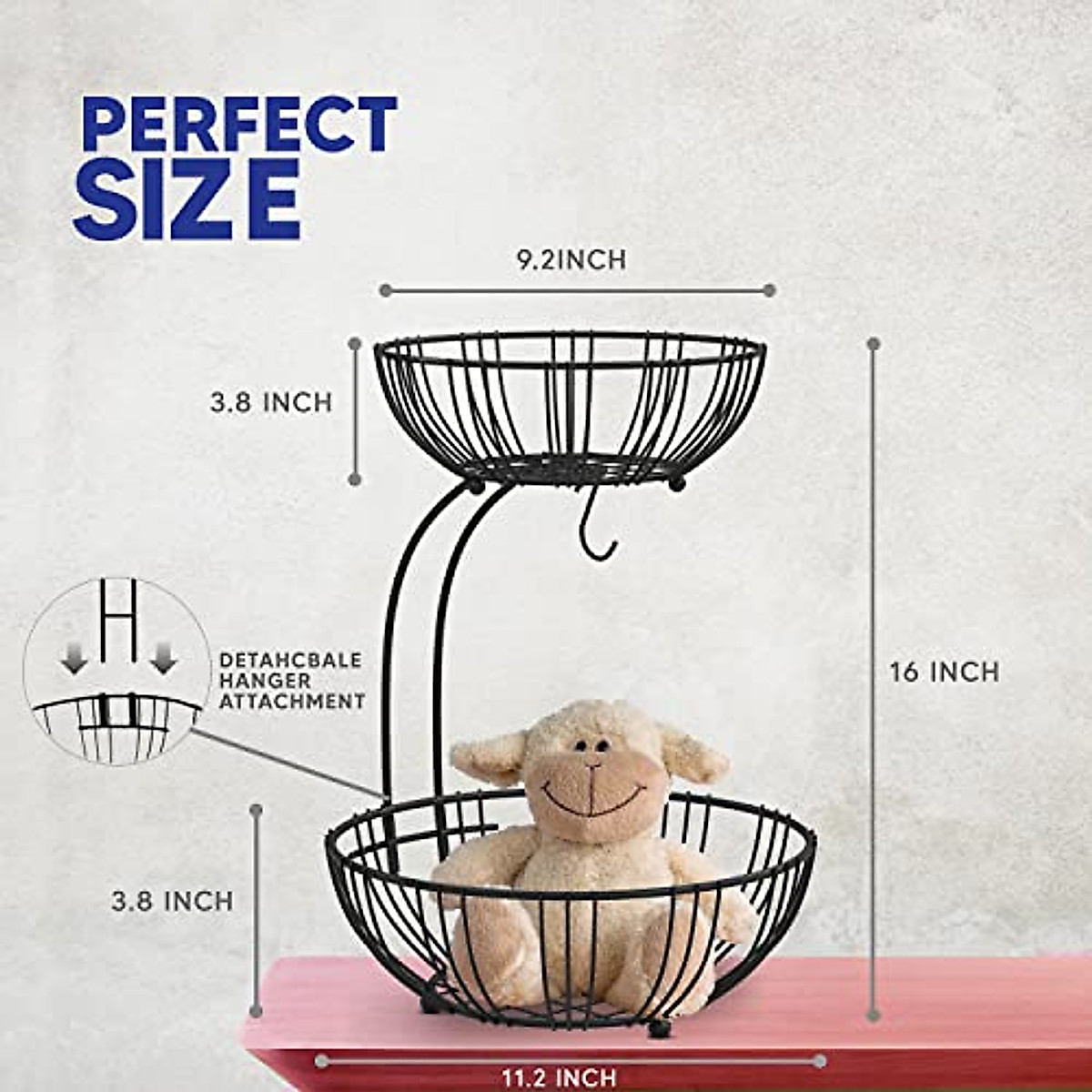 RICCLE Fruit Basket For Kitchen Counter - 2 Tier Fruit Basket With Banana Hanger - Double Layer Metal Wire Fruit Bowl For Kitchen Countertop - Two Tiered Fruit Holder For Produce, Vegetables, Kitchen