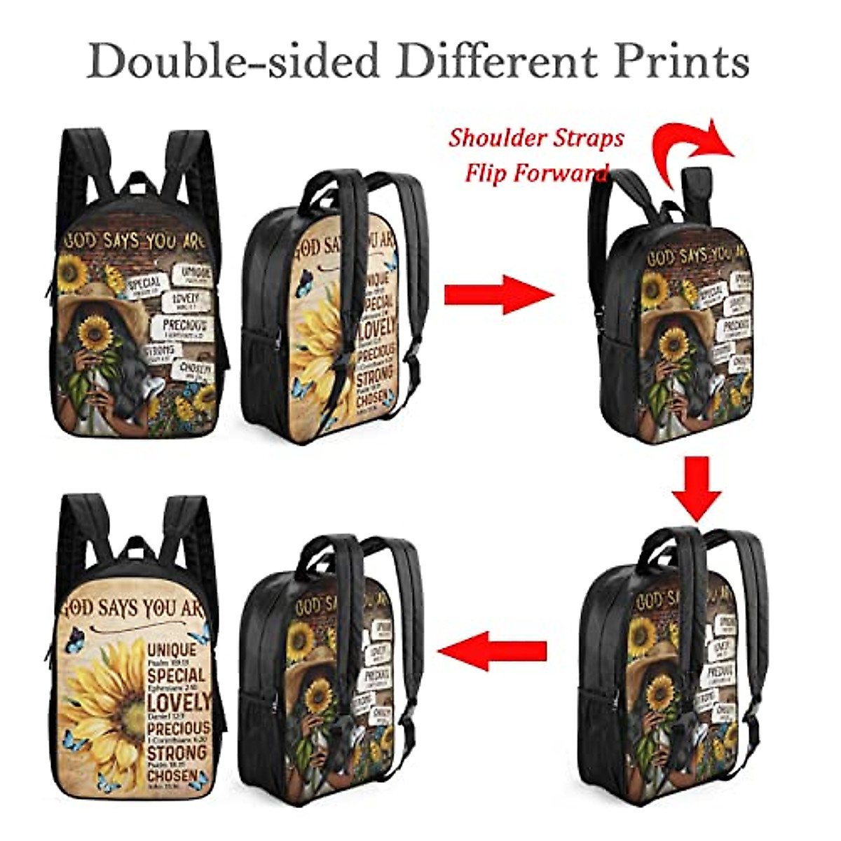 African American Backpack - Sunflower Girl God Says You Are - Large Bookbag Double Sided Prints Travel Backpack - Unisex Casual Backpack School Backpack for Black Girl, 17 Inch