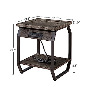 Uosrua Set of 2 End Table with Charging Station, Nightstand with Wooden Drawer, Small Side Table, Vintage Bedside Tables with USB Ports and Outlets for Living Room, Bedroom, Office (Gray 2)