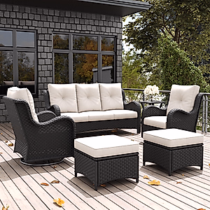 LayinSun 6 Pieces Outdoor Patio Furniture Set, Rattan Wicker Sectional Swivel Rocker Chairs Sets with Ottomans, Swivel Glider Chairs, and Coffee Table