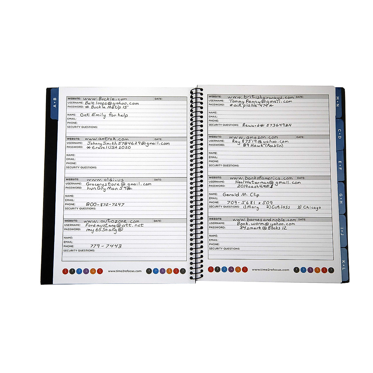 RE-FOCUS Password Book with Alphabetical Tabs 10"x7.5" Spiral Bound Credentials keeper Saves All Internet Login Details (Black)