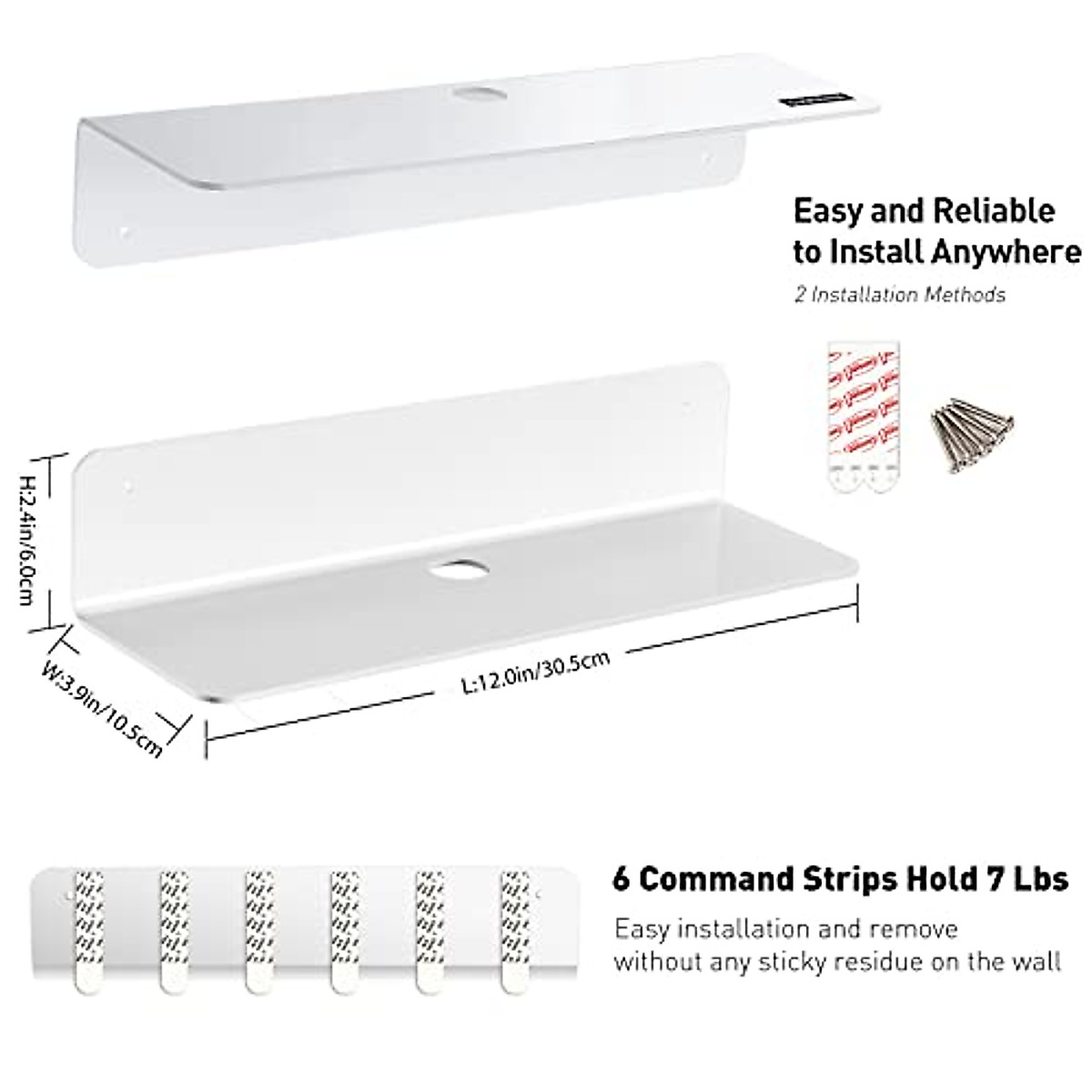 OAPRIRE Floating Shelves White Set of 2 - Damage Free Expand Wall Space - 12 Inch Command Shelf for Bedroom, Bathroom, Kitchen, Living Room, Small Acrylic Wall Shelves with Cable Clips