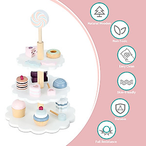 Wooden Tea Party Set for Little Girls, Ehome Princess Tea Time Toy Including Dessert Tray Cake, 22pcs Kids Dessert Toys Pretend Play for Girls Boys Age 3-6