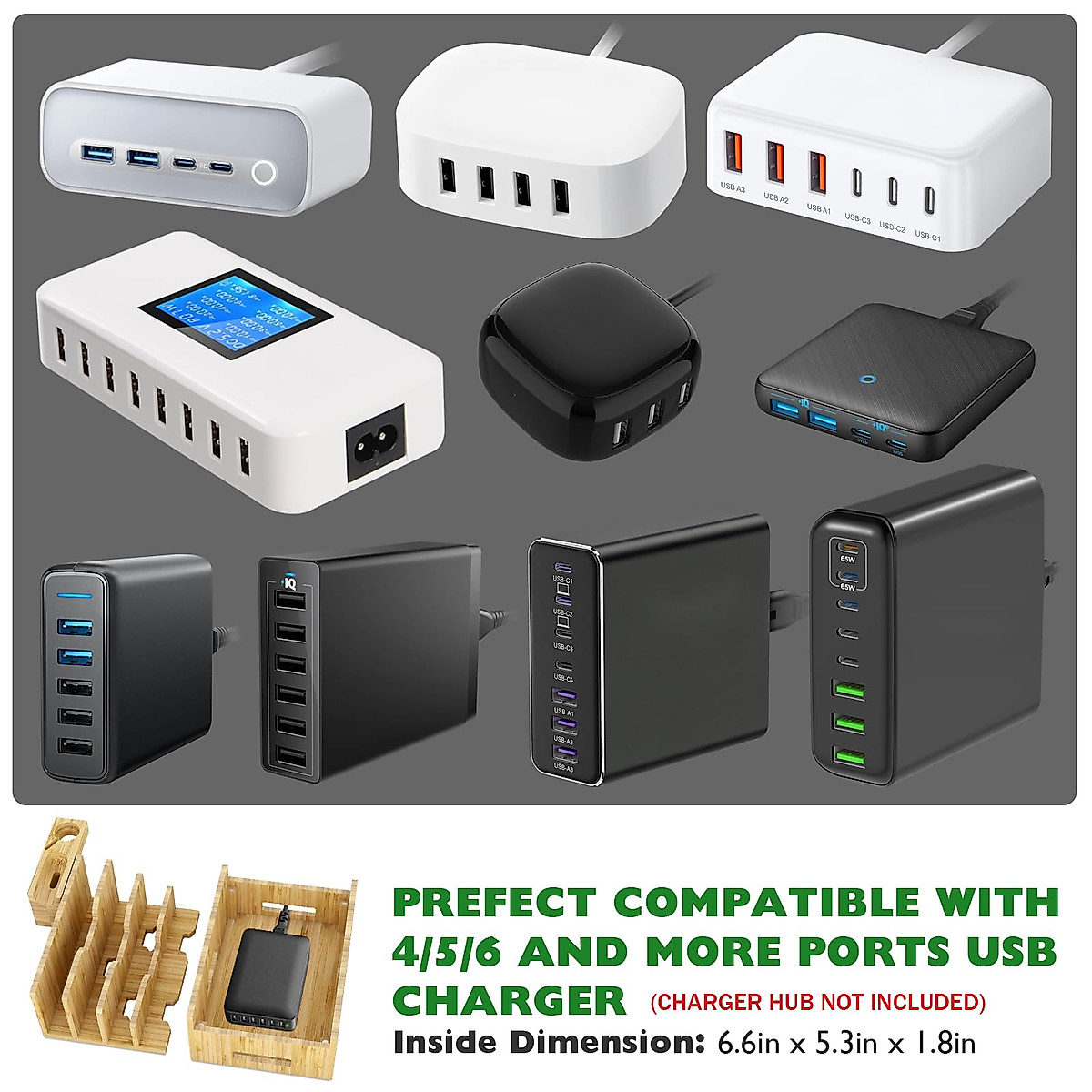 Bamboo Charging Station for Multiple Devices with Integrated Watch & Earbuds Stand, Desktop Charging Docking Station Organizer for Cell Phone, Tablet, 5 Charging Cables Included（No Power Supply）