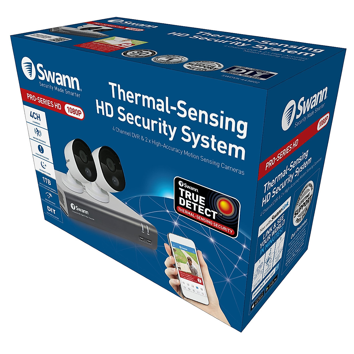 Swann Home Security Camera System, 4 Channel 2 Bullet Cameras, 1080p HD DVR, Indoor/Outdoor Wired Surveillance CCTV, Night Vision, Heat & Motion Sensing, Alexa + Google, 1TB Hard Drive, SWDVK-445802V